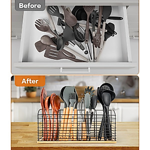 PrimZooty Extra Large Utensil Holder for Kitchen Counter - 15.7"x 6.7"x 4.4", Aesthetic Design, Anti-Slip Mat, 4 Compartments, Black Cooking Utensil Organizer for Countertop, Spatula Utensil Caddy