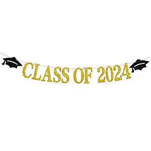Class of 2024 Banner, Congrats Grad Bunting Sign for 2024 High School College Graduation Party Decorations Supplies, Black and Gold Glitter