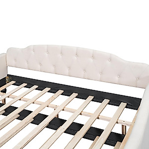 Upholstered Full Daybed with Twin Size Trundle, Full Size Daybed Frame with Button Tufted and Wingback Design, Wooden Full Sofa Bed for Livingroom Bedroom, No Box Spring Needed,Beige