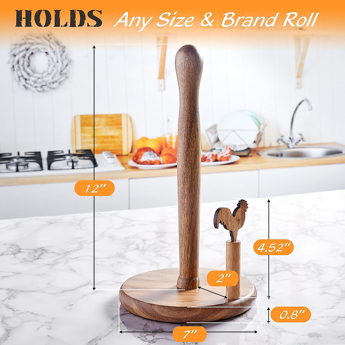 Paper Towel Holder Countertop, Bivvclaz Acacia Wood Paper Towel Holder Stand with Arm and Non Slip Weighted Base, Kitchen Paper Towel Roll Dispenser for Standard & Jumbo Sized Paper Towels