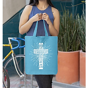 shop4ever John 3:16 Bible Verse Cross Christian Faith Eco Cotton Tote Reusable Shopping Bag 6 oz Turquoise 1 Pack