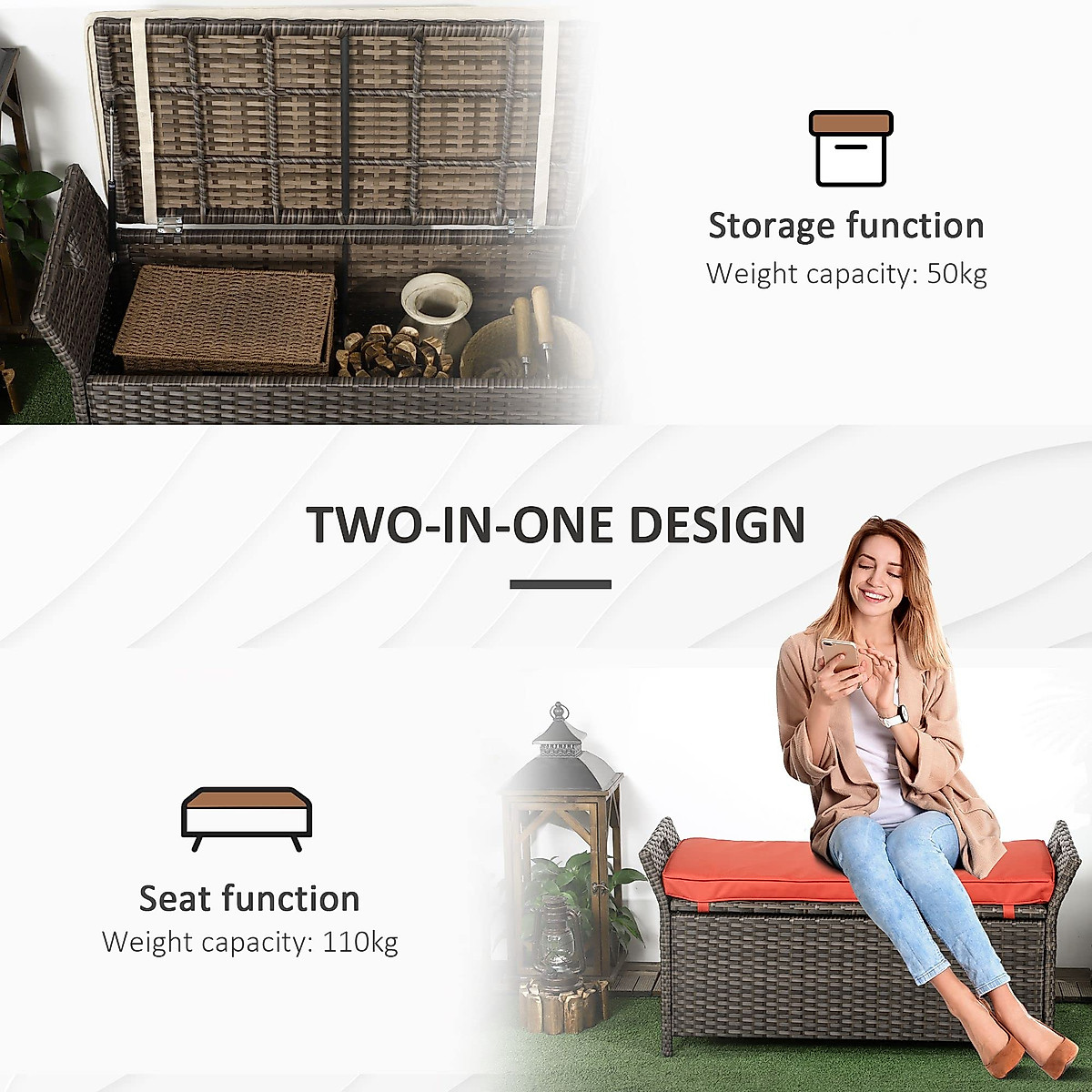 Outsunny 27 Gallon Patio Wicker Storage Bench, Outdoor PE Rattan Patio Furniture, 2-in-1 Large Capacity Rectangle Garden Storage Box with Handles and Cushion, Red