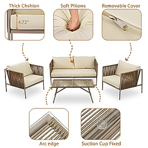 LUMISOL 4 Piece Rope Outdoor Conversation Sofa Set with Toughened Glass Table, Patio Furniture Set with Thick Cushions for 4 Person, Outdoor Furniture for Porch Backyard, Beige