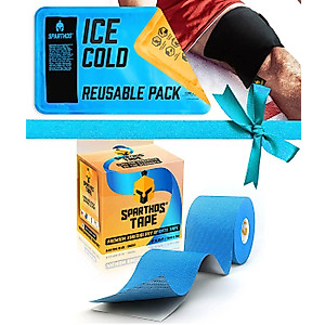 Sparthos Kinesiology Tape [Electric Blue - 16.4ft Uncut Roll] x Ice Packs for Injuries [Size Medium + Cover]