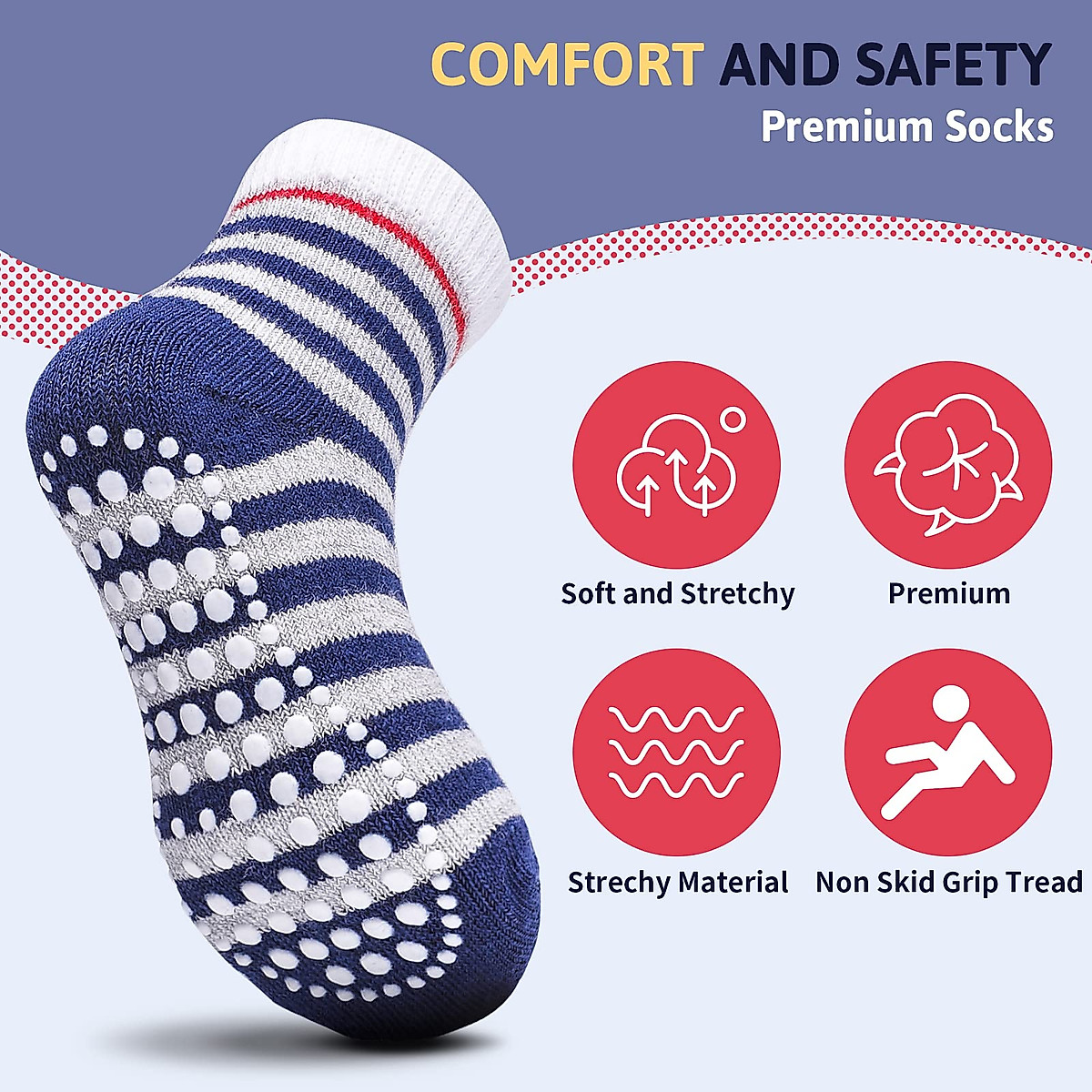 Sosenfer Non Slip Toddler Socks with Grippers,5 Pairs Non Skid Ankle Socks for 4-7 Years Baby Kids Made With Cotton-5 Pairs blue