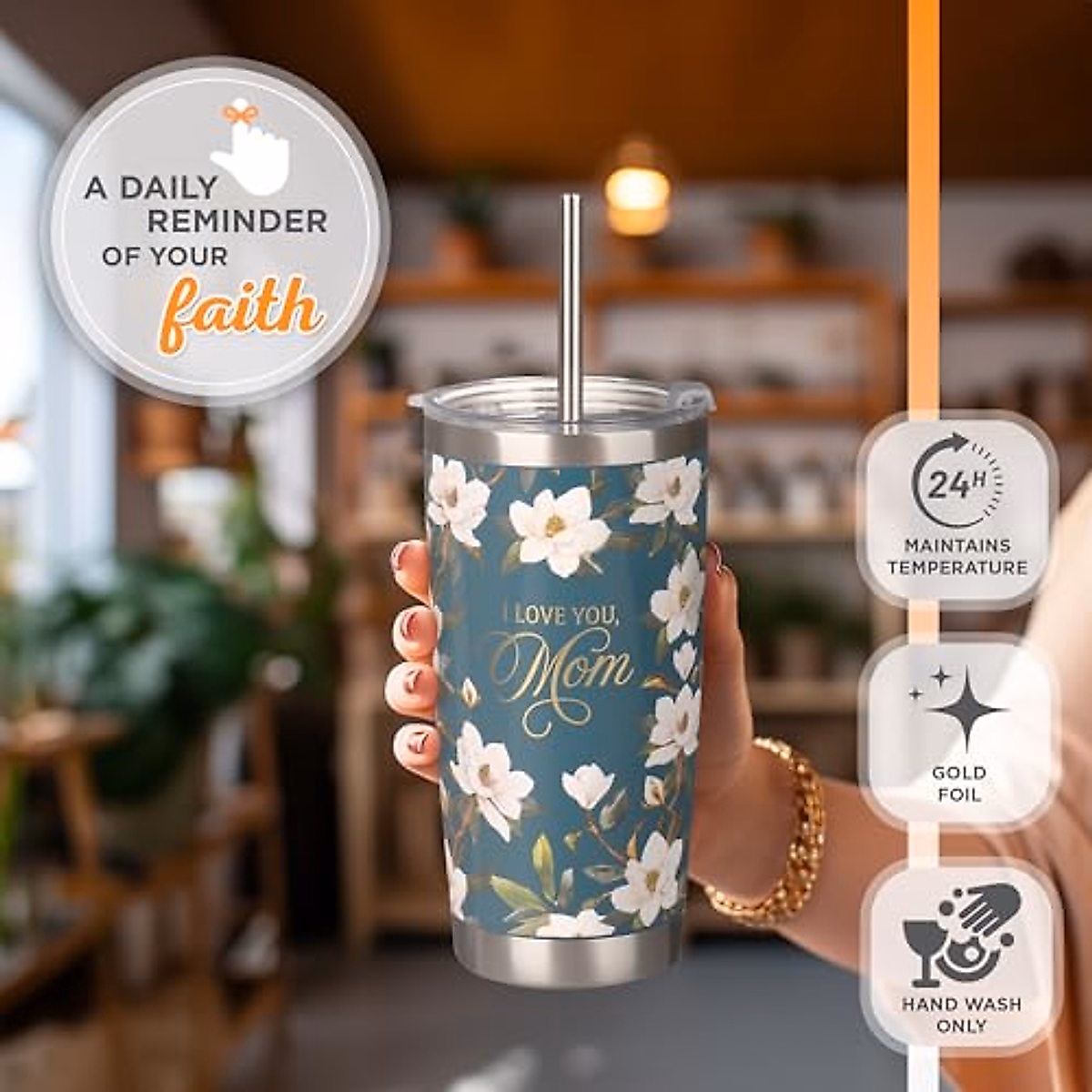 Christian Art Gifts Large Stainless Steel Double Wall Vacuum Insulated Travel Tumbler for Mothers: Love You, Mom, Inspiring Scripture, Hot/Cold, Flip Top Lid, Resusable Straw, Dark Teal Floral, 18 oz.