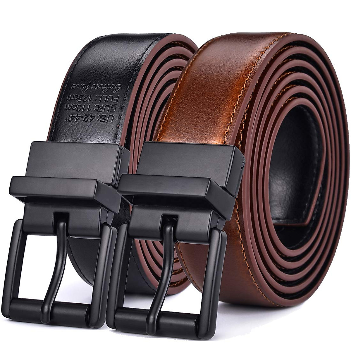 Beltox Men’s Belts Dress Casual Reversible Leather 1.1” w Roller Buckle Rotated(Black/Brown w Black Buckle, 34-36)