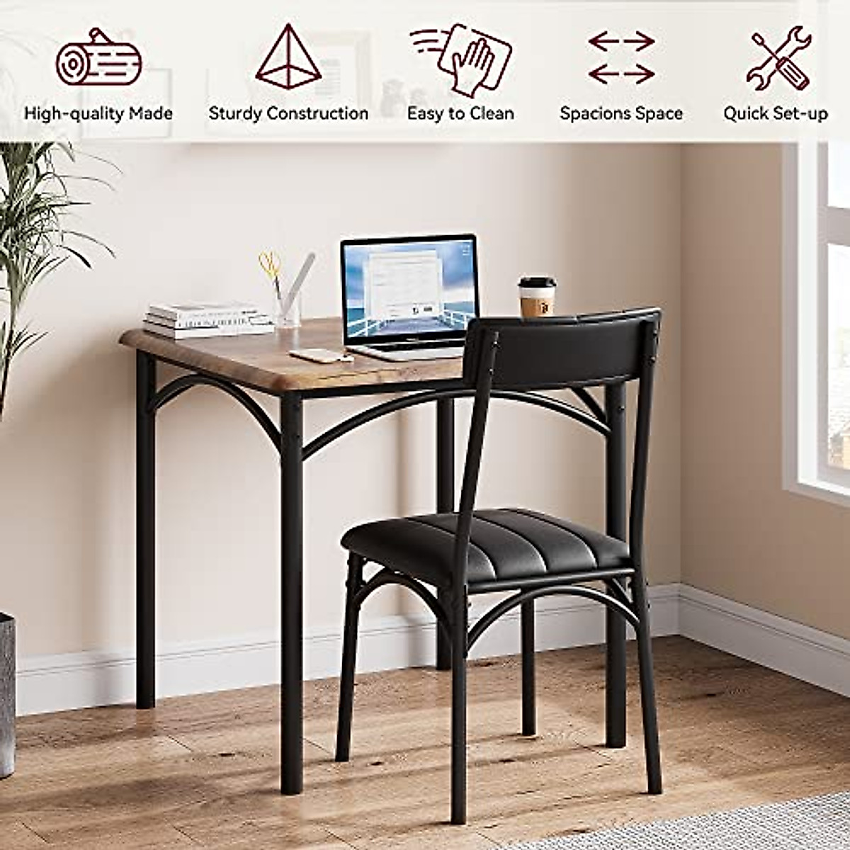 GAOMON Dining Table Set for 2, Kitchen Table and Chairs for 2 with Upholstered Chairs, 3 Piece Dining Room Table Set, Square Kitchen Table Set for Small Space, Apartment, Studio, Rustic Brown