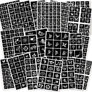 ChurlChurl 575pcs Temporary Tattoo Stencils, 20 Sheets Henna Tattoo Stencil Kit for Women Girls Kids and Boys Face Body Paint DIY Art Reusable Glitter Tattoo Stencils Pack