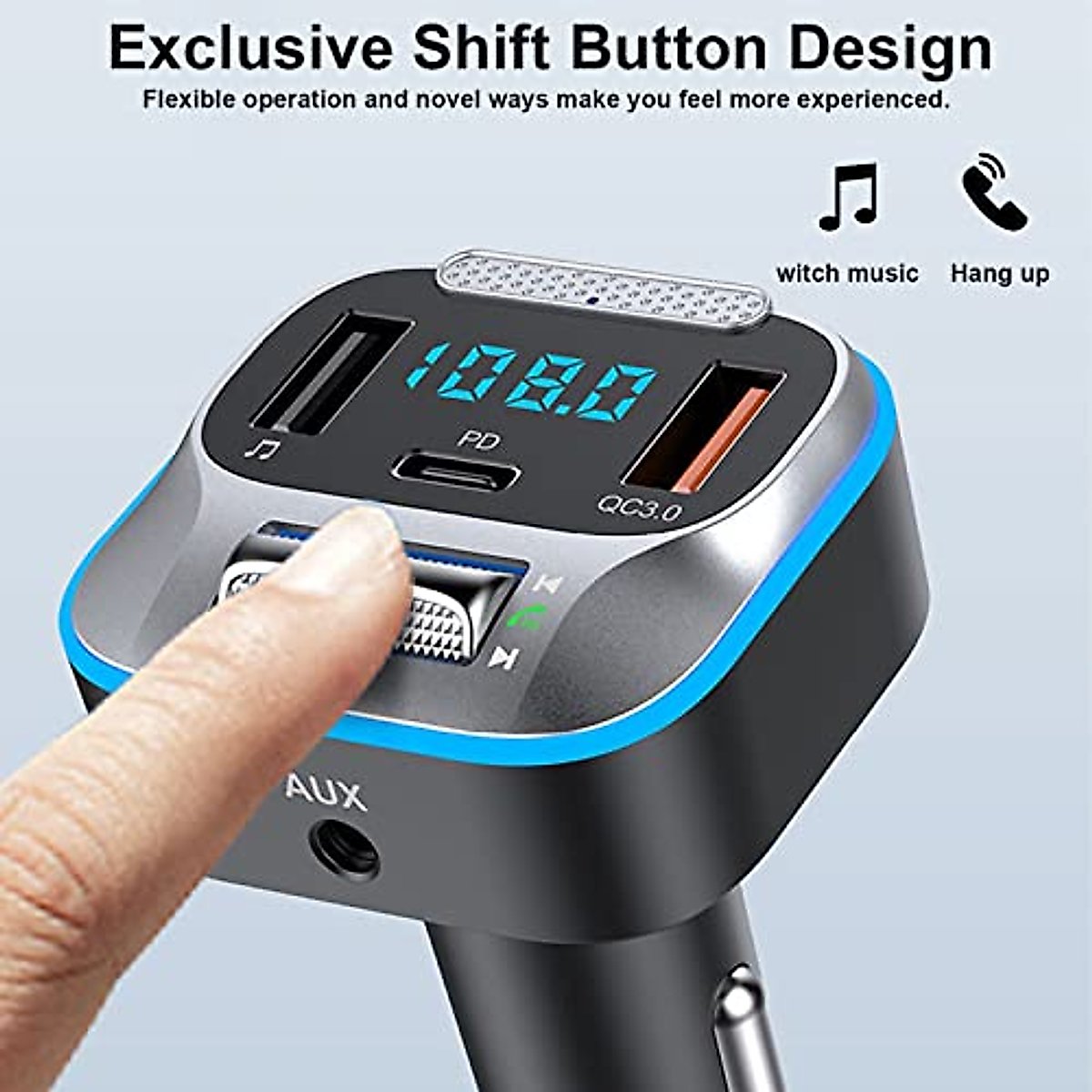 Bluetooth Adapter Car, 2023 Stronger Hi-Fi Bass Sound, Wireless Bluetooth FM Radio Adapter, Handsfree Call,30W PD&QC3.0 Fast Charging, 7 Colors LED, Support AUX Output and U Disk Bluetooth Transmitter
