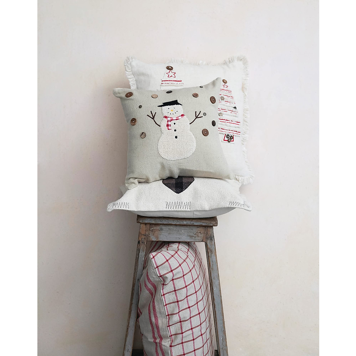 Creative Co-Op Square Cotton Pillow with Embroidered Tree and Fringe, Natural and Red