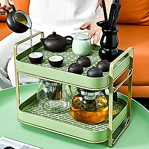 2-Tier Cups Mugs Drying Rack with Drain Tray, Tableware Fruit Storage Rack, Kitchen Countertop Organizer Shelf Tea Tray for Water Coffee Glass Cup Bowls Food and Seasoning Jar Holder (Green)