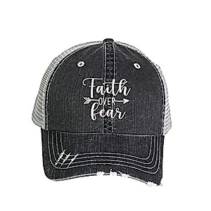 DSY Lifestyle Faith Over Fear Embroidered Distressed Trucker Hat -Frayed Bill Mesh Back Cap (Black)