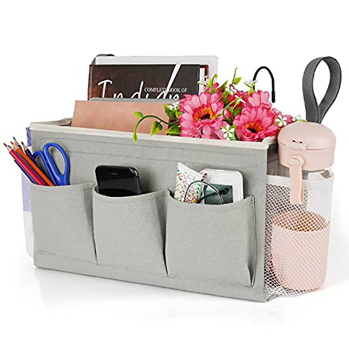 Lilithye Bedside Caddy Bedside Organizer Bedside Storage Caddy with Fixed Straps and Water Bottle Holder for Home College Dorm Bunk Bed Hospital Bed Crib Bed Rails (Grey)
