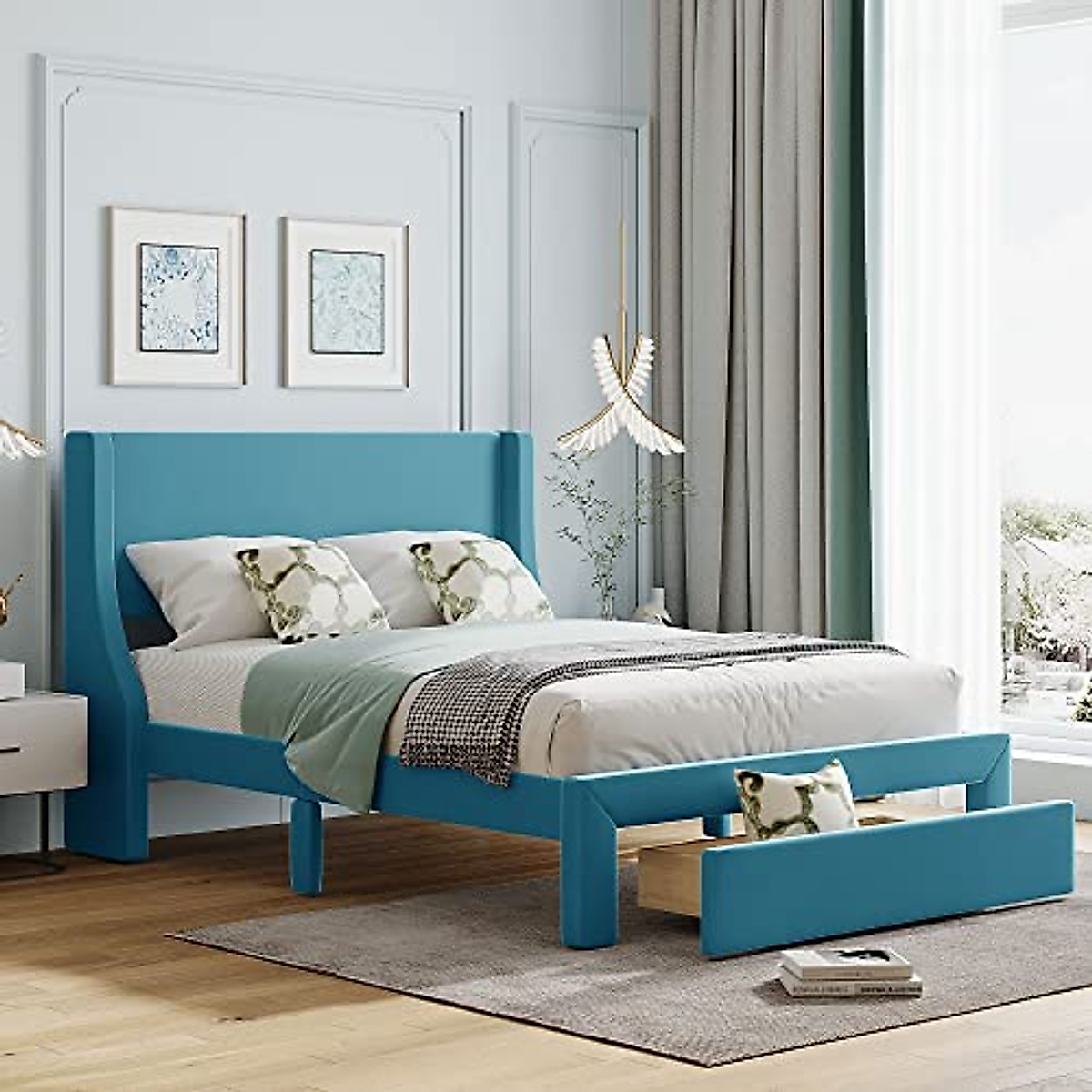 Full Size Platform Bed with a Big Drawer for Bedroom, Velvet Upholstered Storage Bed, No Box Spring Needed, Blue
