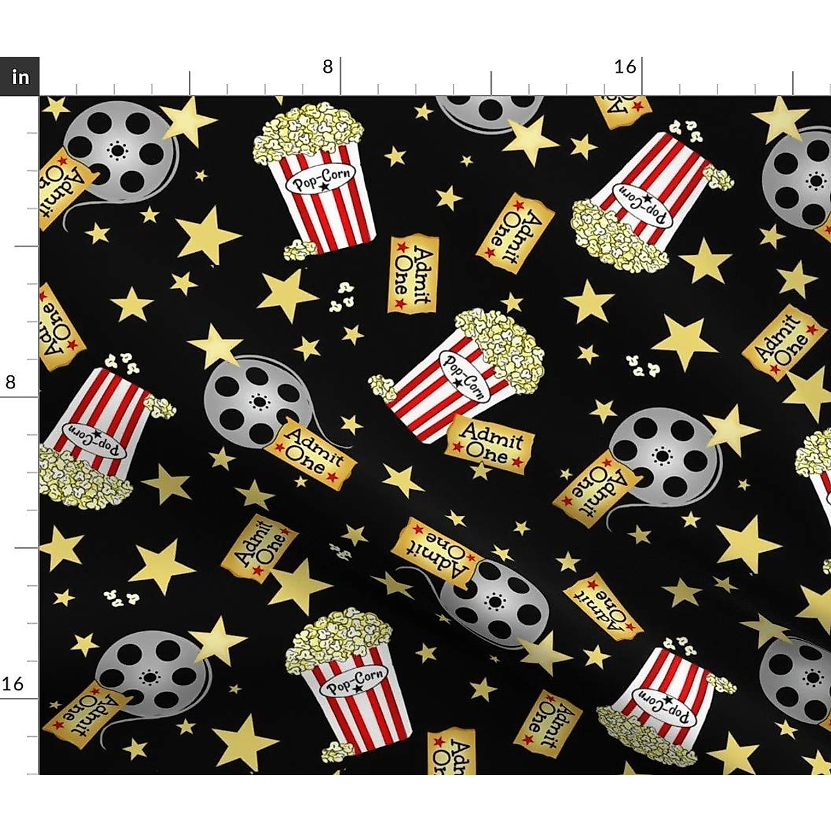 Spoonflower Fabric - VIP Night Theater Popcorn Black Yellow Stars Red Gold Novelty Printed on Petal Signature Cotton Fabric Fat Quarter - Sewing Quilting Apparel Crafts Decor