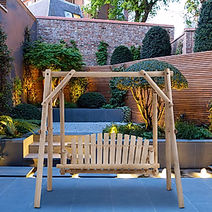 67 Inch Log Swing Stand Porch Set Wood Bench Swing Stand A-Frame Patio Furniture Swing Chair Outdoor Rustic Curved Garden Swing Yard Play