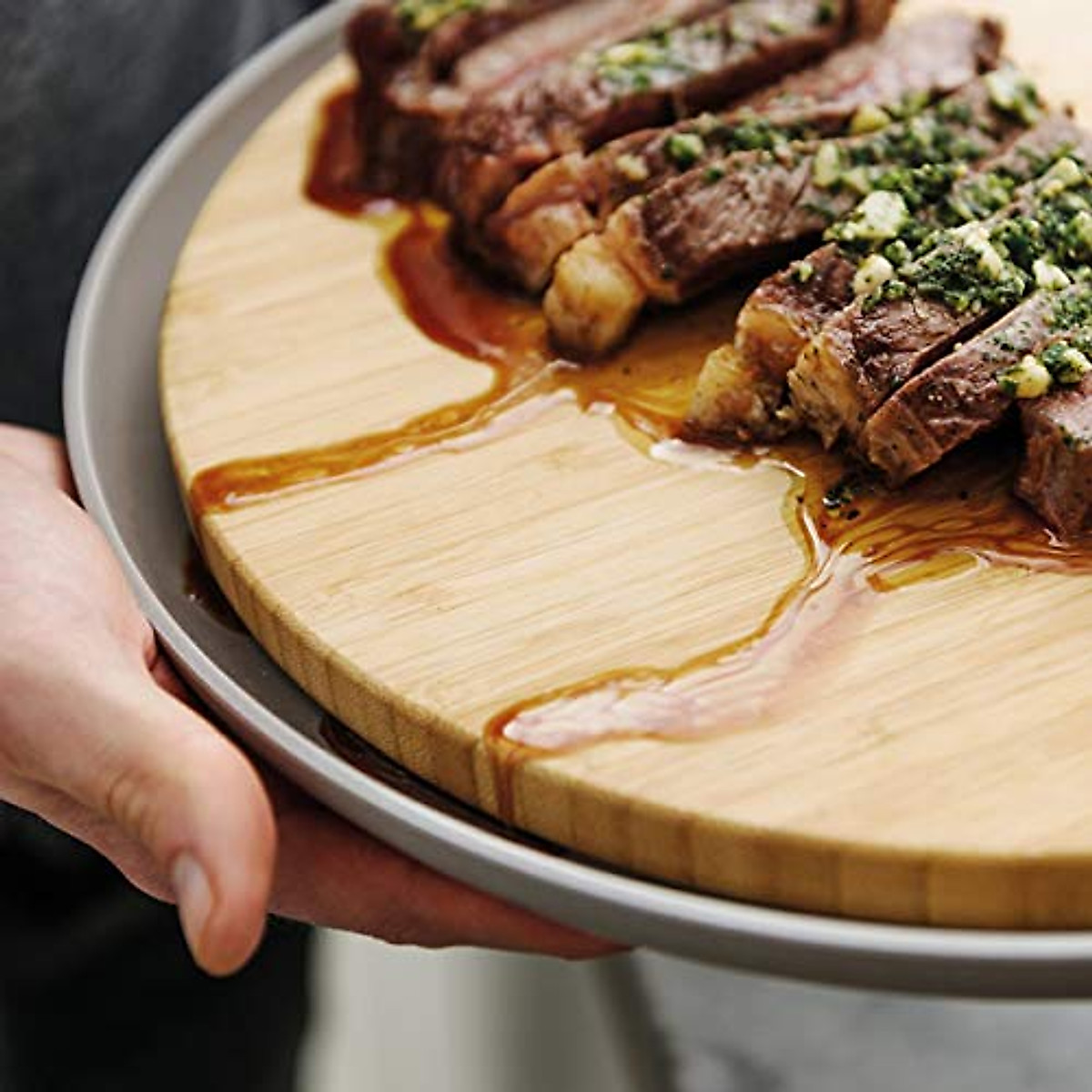 BergHOFF Leo Round Bamboo Wood Chopping Board With Collecting Plate, 36.5cm