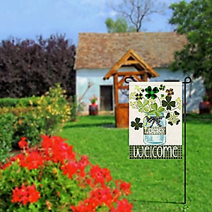 St Patricks Day Garden Flag 12x18 Inch Double Sided Burlap, Welcome Lucky Shamrocks Sign Seasonal Yard Outdoor Decorations DF186