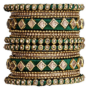 Aheli Matching Floral Kundan Silk Thread Chuda Chura Bangle Set Indian Traditional Bridal Fashion Jewelry for Women Girls (Size - 2.6)