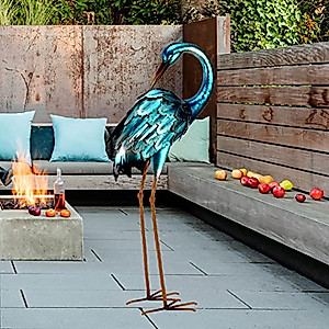 Chisheen Crane Garden Statues, Metal Garden Crane Outdoor, Blue Heron Sculpture Metal Yard Art, Large Garden Heron Decoy, Bird Statues, Lawn Ornaments for Backyard Pond Patio Porch Outside Decorations