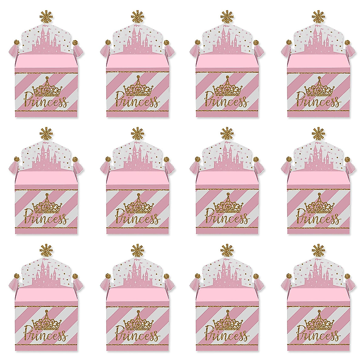 Big Dot of Happiness Little Princess Crown - Treat Box Party Favors - Pink and Gold Princess Baby Shower or Birthday Party Goodie Gable Boxes - Set of 12