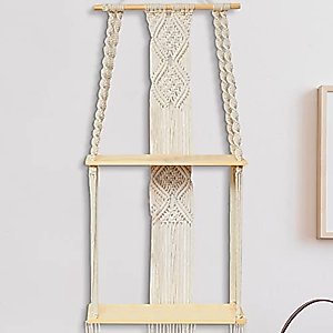 Macrame Wall Hanging Shelf, 2 Tier Boho Wall Shelves with Handmade Woven Rope, White Hanging Wall Shelf Bedroom Decor Wooden Hanging Storage Floating Shelves for Kitchen Living Room
