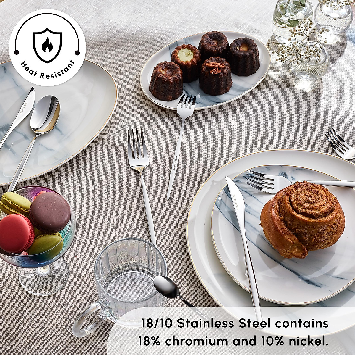 Karaca Lizbon 60-Piece Cutlery Set for 12 People -18/10 Stainless Steel, Dinnerware Tableware Silverware Service, includes Forks, Spoons, knives, forks, Teaspoons, Mirror Polished, Dishwasher Safe