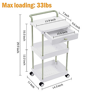 TOOLF Rolling Storage Cart with Drawer, 3 Tier Rolling Utility Cart with Tabletop, Rolling Cart Organizer for Teacher Craft Baby Nursery, Utility Cart for Kitchen Bathroom Bedside Office