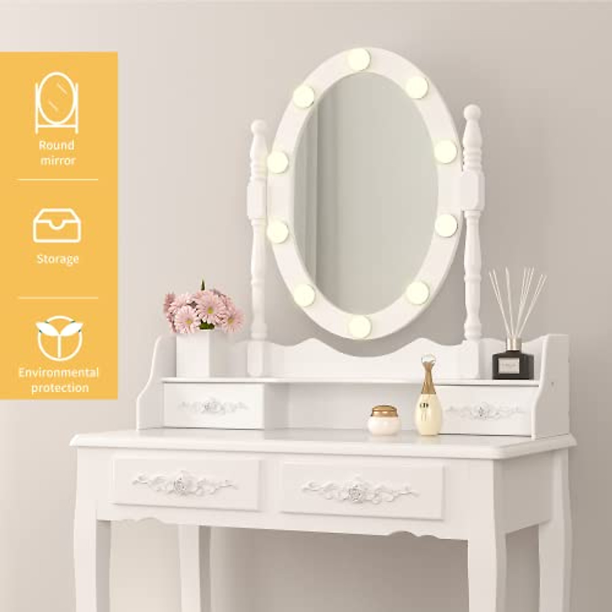 Alohappy Girls Makeup Vanity Set, Dressing Table Desk with Lighted Mirror and Stool, Makeup Table with 4 Drawers for Bedroom, Bathroom (Vanity with Lighted Mirror)