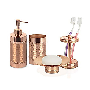 nu steel Hudson Copper finish Bath Accessory Set for Countertop, 4 pcs Luxury Ensemble-Soap Dish, Toothbrush Holder, Tumbler, soap Pump