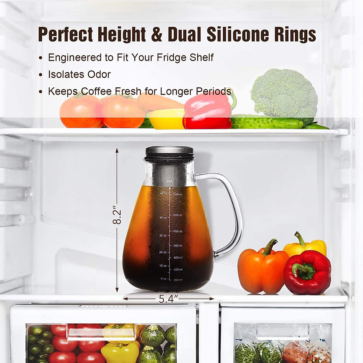 YMMIND Cold Brew Iced Coffee Maker 51oz, Brewed Coffee Pot with Removable Double Mesh 304 Stainless Steel Filter, BPA-Free Cold Brew Pitcher Glass Container, Tea Maker