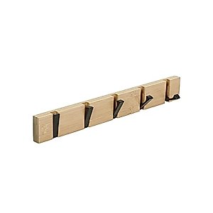 JSVER Wooden Coat Hooks Coat Rack Wall Mount, Space-Saving Coat Rack with 5 Standard Retractable Hooks, Hat Coat Hook for Entryway, Hallway, Bathroom, Living Room, Bedroom