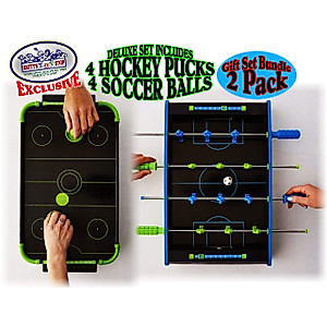 Matty's Toy Stop Deluxe 20" Wooden Tabletop NEON Air Hockey (Extra Pucks) & NEON Foosball (Soccer) (Extra Balls) Games Gift Set Bundle - 2 Pack