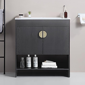 NOTOP 30" Bathroom Vanity with White Ceramic Sink Comb, Modern Freestanding Solid Wood Cabinet Set,Included Two Soft Close Doors with Black Zinc Alloy Handles & A Lower Open Shelf, 30IN