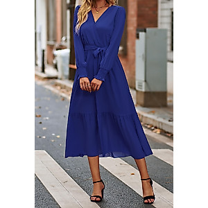 PRETTYGARDEN Women's Floral Print Boho Dress Long Sleeve Wrap V Neck Ruffle Belted A-Line Flowy Maxi Dresses (Solid Blue,Large)