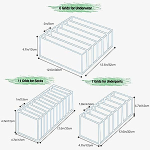 ABC life 3Pcs Underwear Drawer Organizer Set, Foldable Sock Bra Underpants Organizer Drawer Divider, Washable Closet Cabinet Storage Boxes for Clothes, Stockings, Ties and Bras (6+7+11 Grid, Grey)