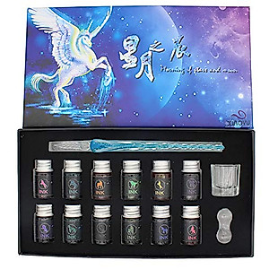 XIAOYU Luminous Glass Dip Pen Ink Set - Crystal Glass Dip Pen with 12 Colorful Inks for Art, Writing, Signatures, Calligraphy - Ice Blue
