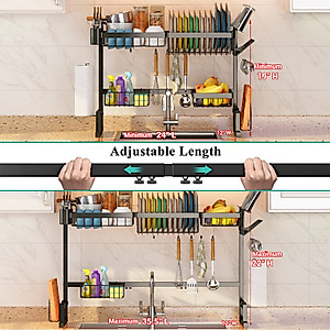 ADBIU Over The Sink Dish Drying Rack (Expandable Height and Length) Snap-On Design 2 Tier Large Dish Rack (24" - 35.5"(L) x 12.1"(W) x 19" - 22"(H))