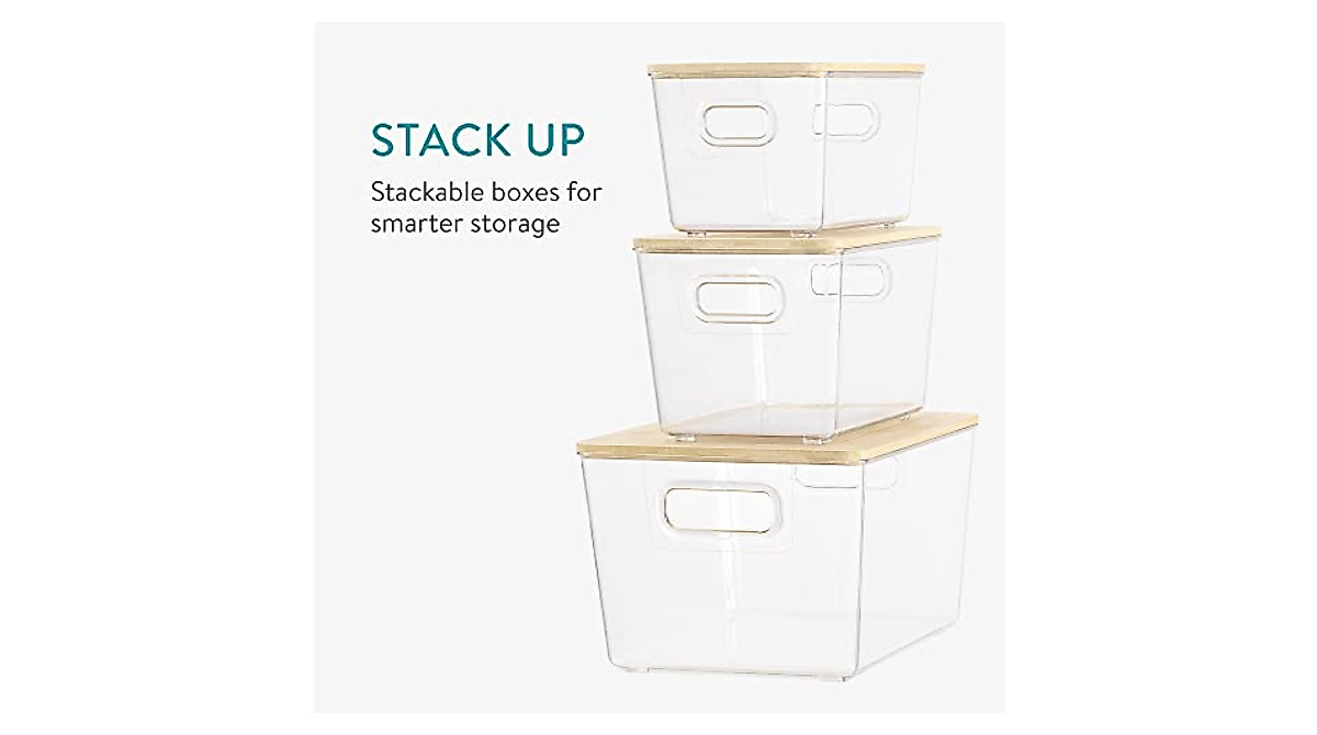 Navaris Clear Stackable Storage Boxes with Bamboo Lids (Set of 3)