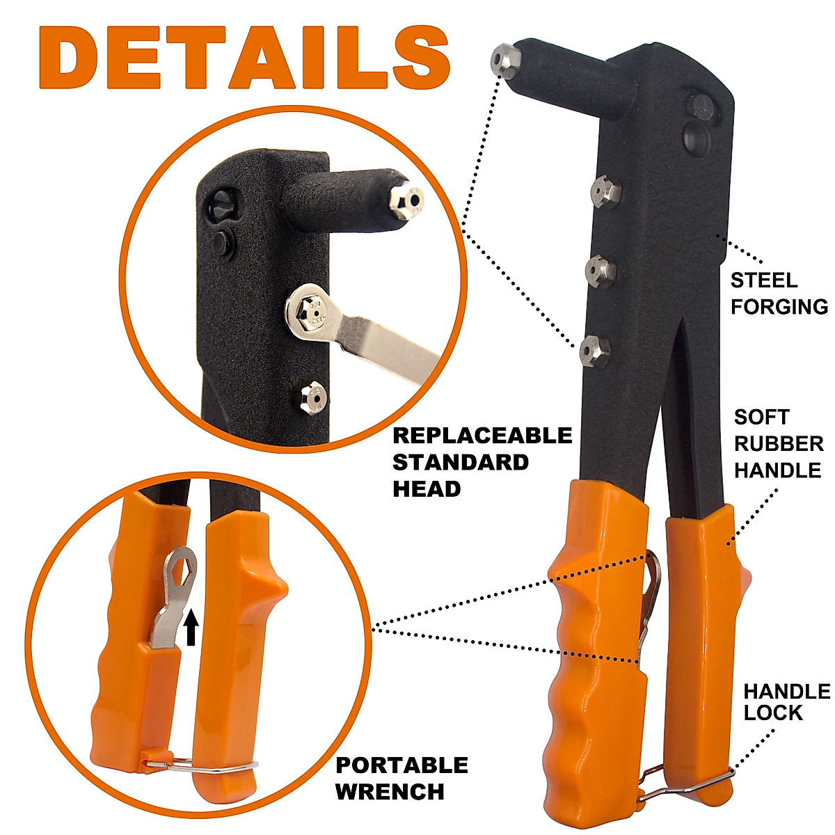 ISPINNER 225pcs Black Aluminum Blind Rivets Assortment Kit with Heavy Duty Hand Riveter Rivet Gun Tool, 6 Sizes Pop Rivets with Divider & Labeled Case