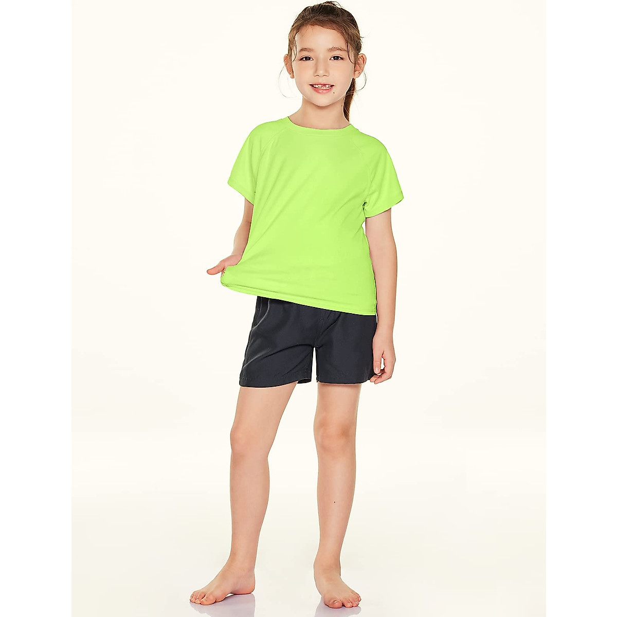 TSLA Youth Kids UPF 50+ Short Sleeve, Aqua Water Swimsuit Top, UV/SPF Surf Swim Shirt, Swim Shirt Lime, 8