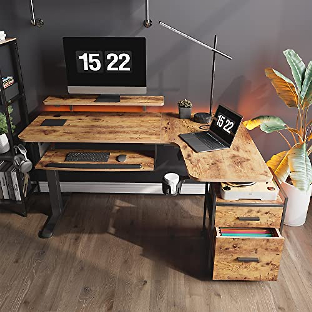 EUREKA ERGONOMIC L Shaped Standing Desk with Keyboard Tray, 61" Electric Height Adjustable Gaming Computer Desk with Monitor Stand & LED Strips, Dual Motor Sit Stand Up Corner Desk, Right/Rustic Brown