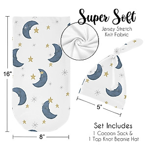 Sweet Jojo Designs Moon Star Baby Boy Girl Cocoon and Beanie Hat Set Jersey Stretch Knit Sleeping Bag Infant Newborn Nursery Sleep Wrap Sack - Navy Blue Gold Watercolor Celestial Sky Gender Neutral