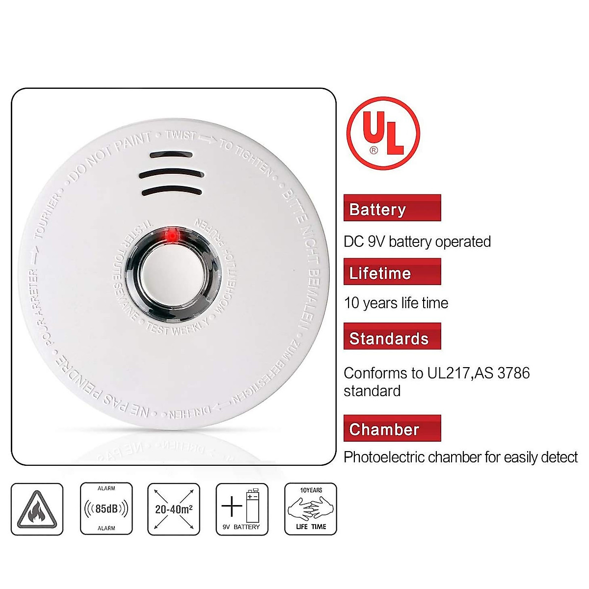Smoke Detector Fire Alarm, 2 Packs Photoelectric Smoke Detectors with UL Listed, 9V Battery Operated Smoke Detector (9V Battery Included), 10 Years Life Time, Fire Safety for Home, Hotel, School etc