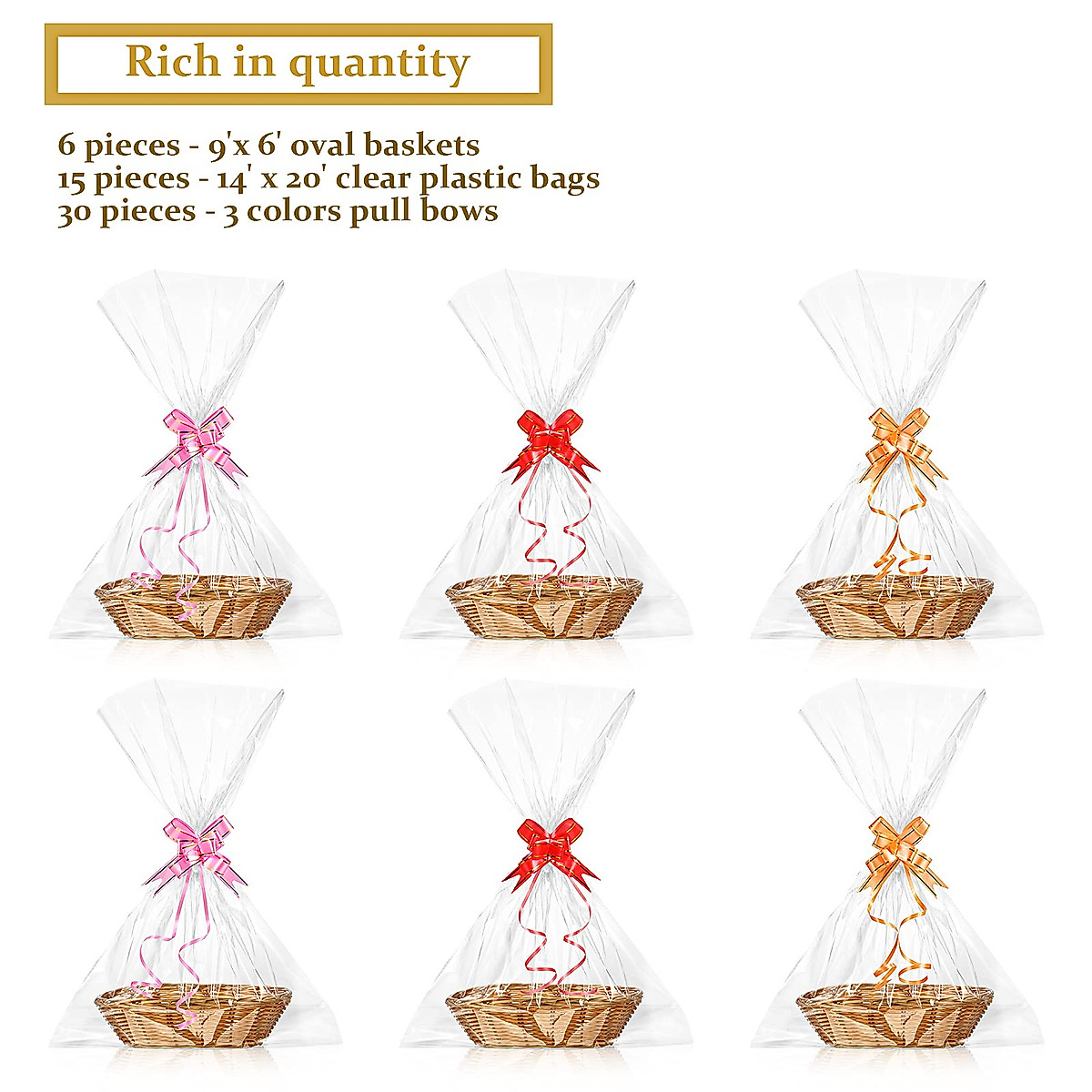 Oval Basket Food Storage Basket Woven Empty Basket Fruit Basket 9 x 6 x 2.25 Inches Present Baskets with Colorful Pull Bows and Clear Bags for Kitchen, Restaurant, Wrapping Presents (6 Pack)