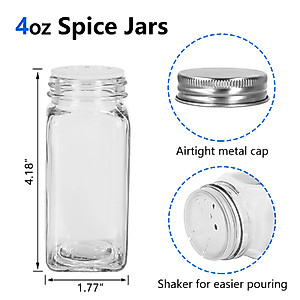 Keketin 30 Pack Glass Spice Jars 4 oz with Labels, Empty Square Spice bottles Seasoning Containers with Silver Caps and Shaker Lids(80 Black Labels,1 Funnel,1 Pen and 1 Brush Included)