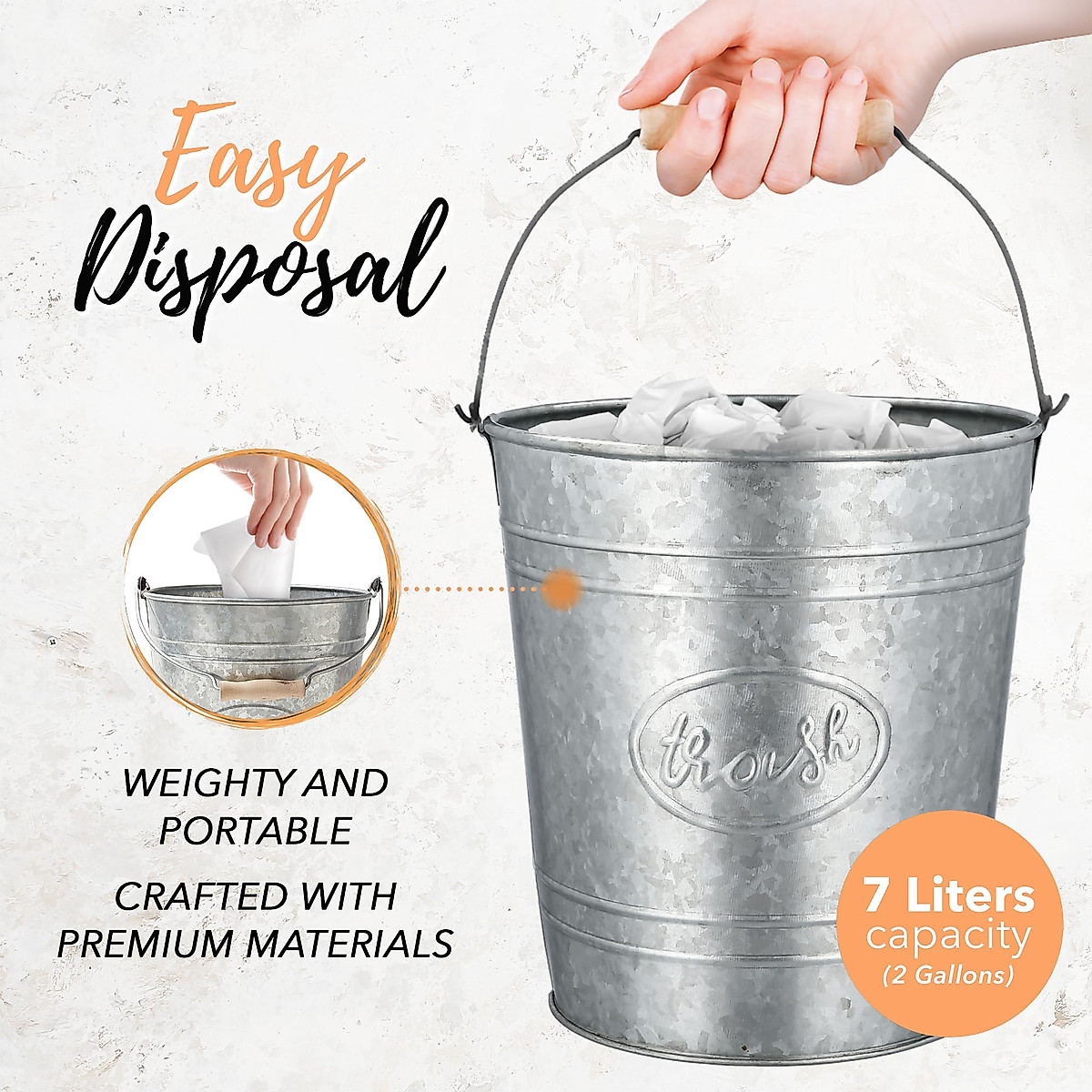Autumn Alley Farmhouse 2 Pack Bathroom Trash Can - Rustic Galvanized Trash Can Bucket with Wooden Grip for Rustic Bathroom, Farmhouse Kitchen, Country Home Décor, 7 Liter, Galvanized Grey