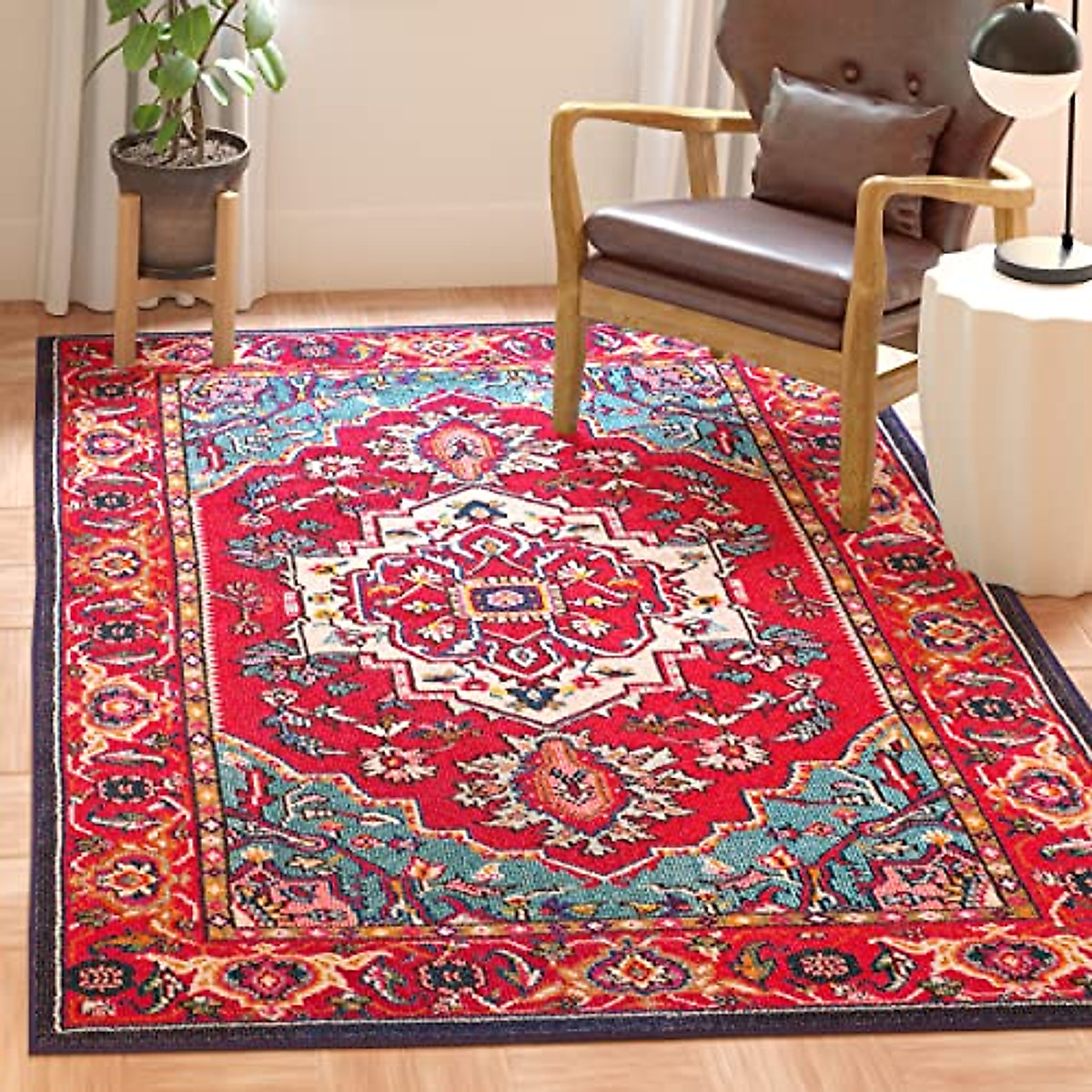 SAFAVIEH Monaco Collection Area Rug - 5'1" x 7'7", Red & Turquoise, Boho Oriental Medallion Design, Non-Shedding & Easy Care, Ideal for High Traffic Areas in Living Room, Bedroom (MNC207C)
