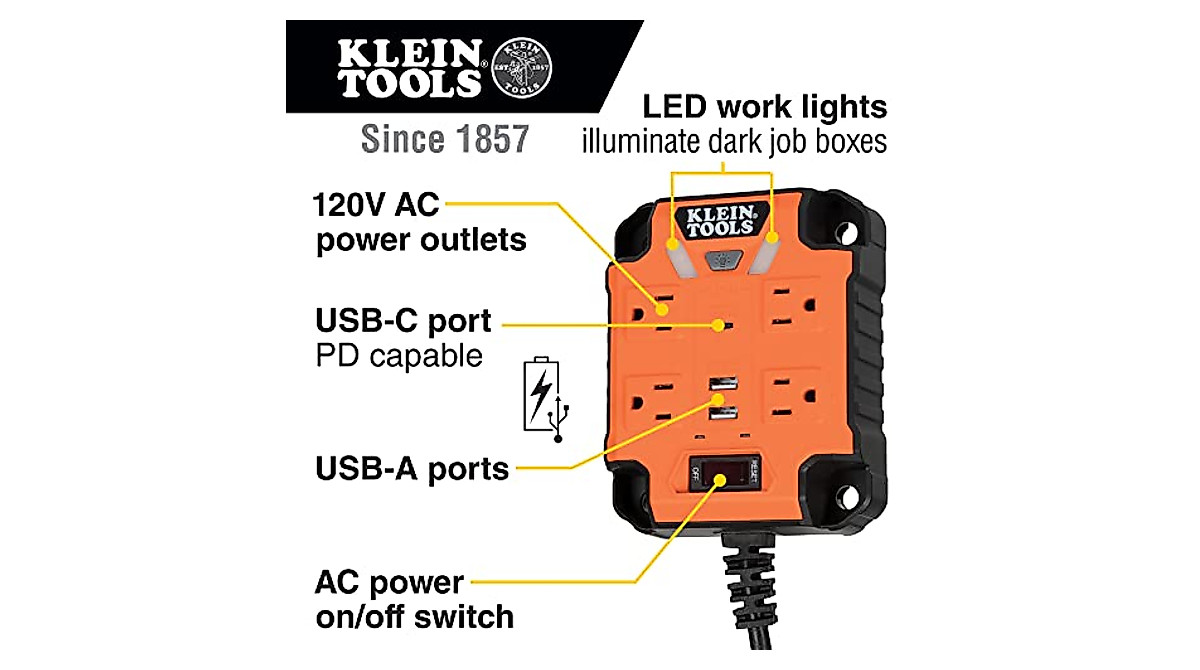Klein Tools 29601 Magnetic Power Strip with Surge Protector, Extension ...